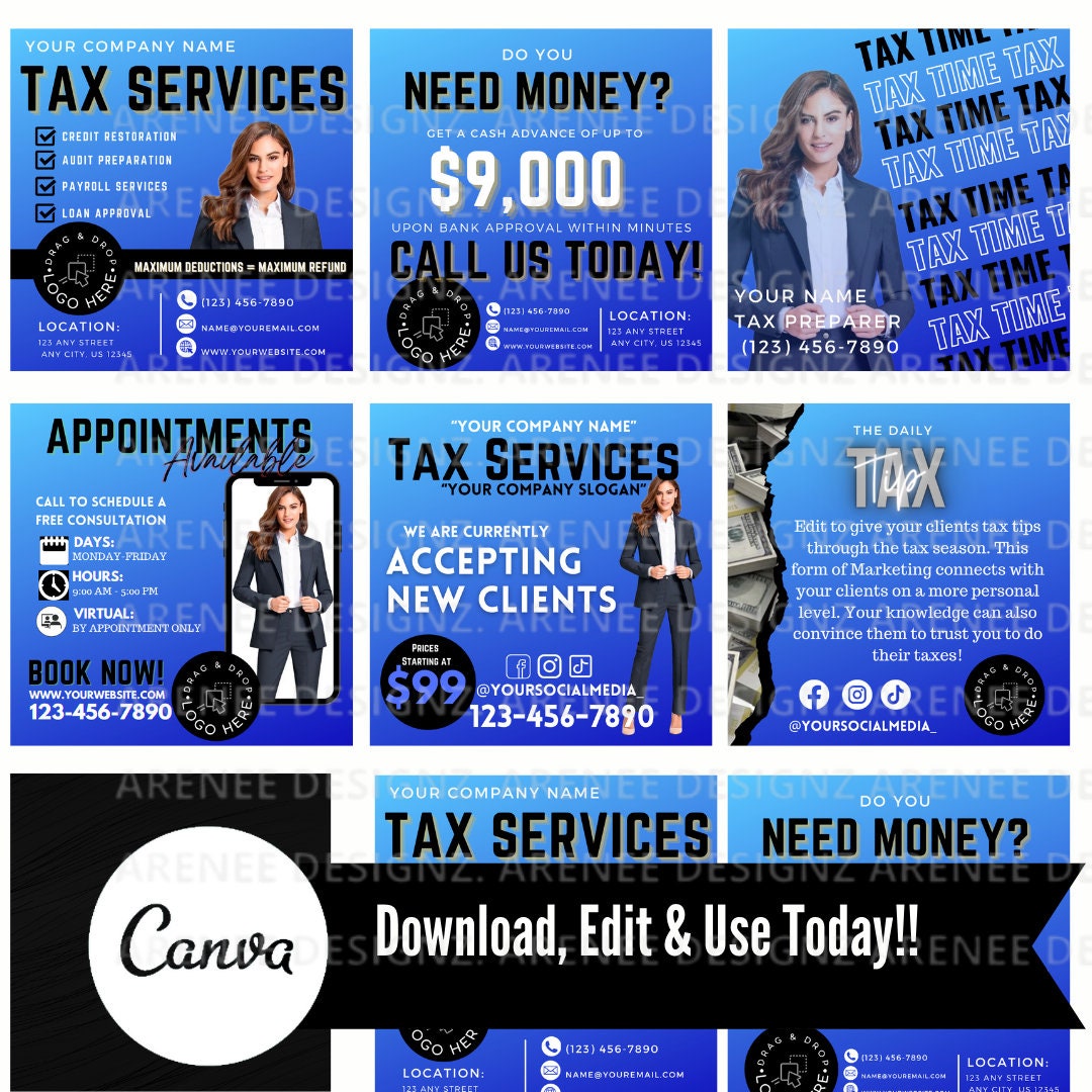 Set/6 Tax Prep Flyer for Social Media. Tax Prep Diy Flyer Bundle, Tax ...