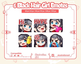 Cute Chibi Girl Emote Pack for Twitch and Discord Black Hair blue Eyes ...