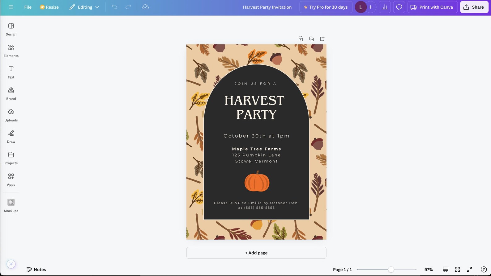 Fall Harvest Party Invitation Template, Autumn Farm Party, Pumpkin Leaf ...