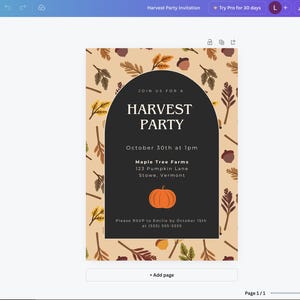 Fall Harvest Party Invitation Template, Autumn Farm Party, Pumpkin Leaf ...