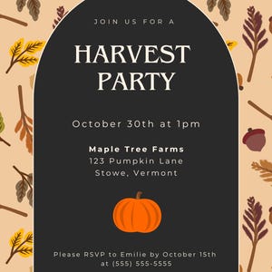 Fall Harvest Party Invitation Template, Autumn Farm Party, Pumpkin Leaf ...