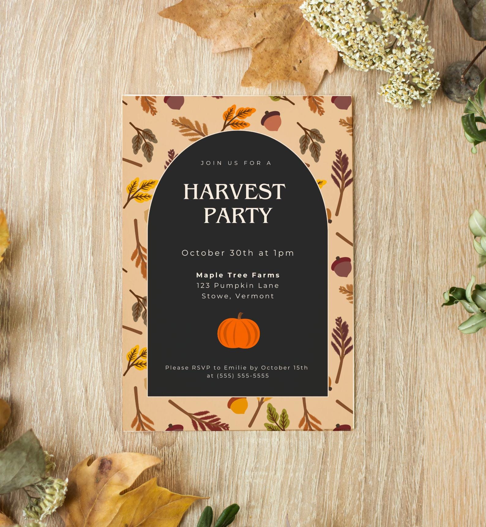 Fall Harvest Party Invitation Template, Autumn Farm Party, Pumpkin Leaf ...