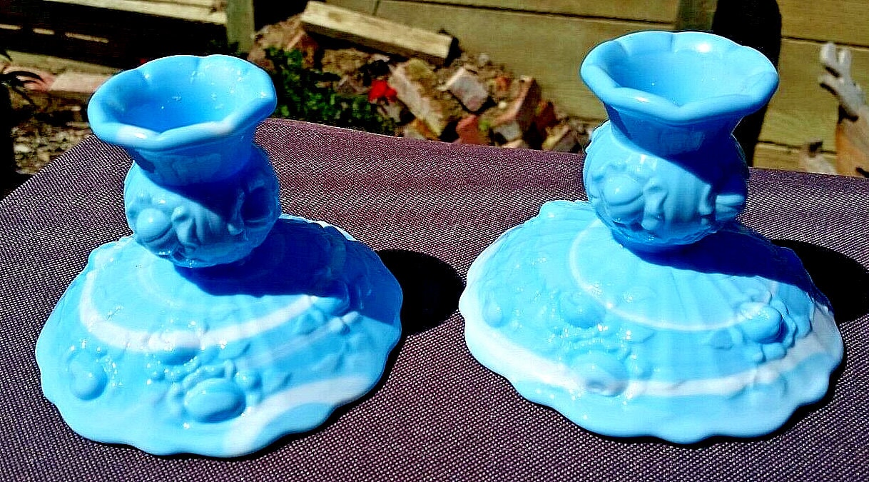 Vintage Fenton Cabbage Rose Blue Marble Slag Glass Candle - Etsy