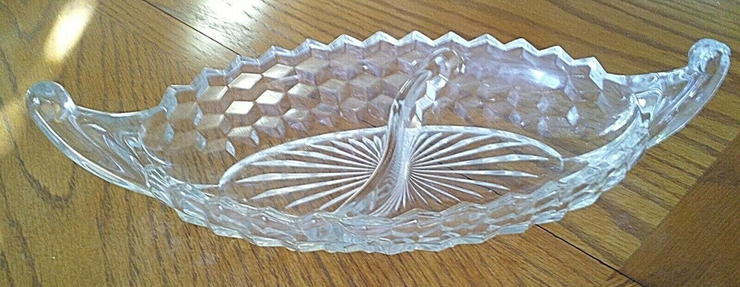 Vintage Fostoria American Relish 12" Tab Handled 2 Sections Oval Boat ...