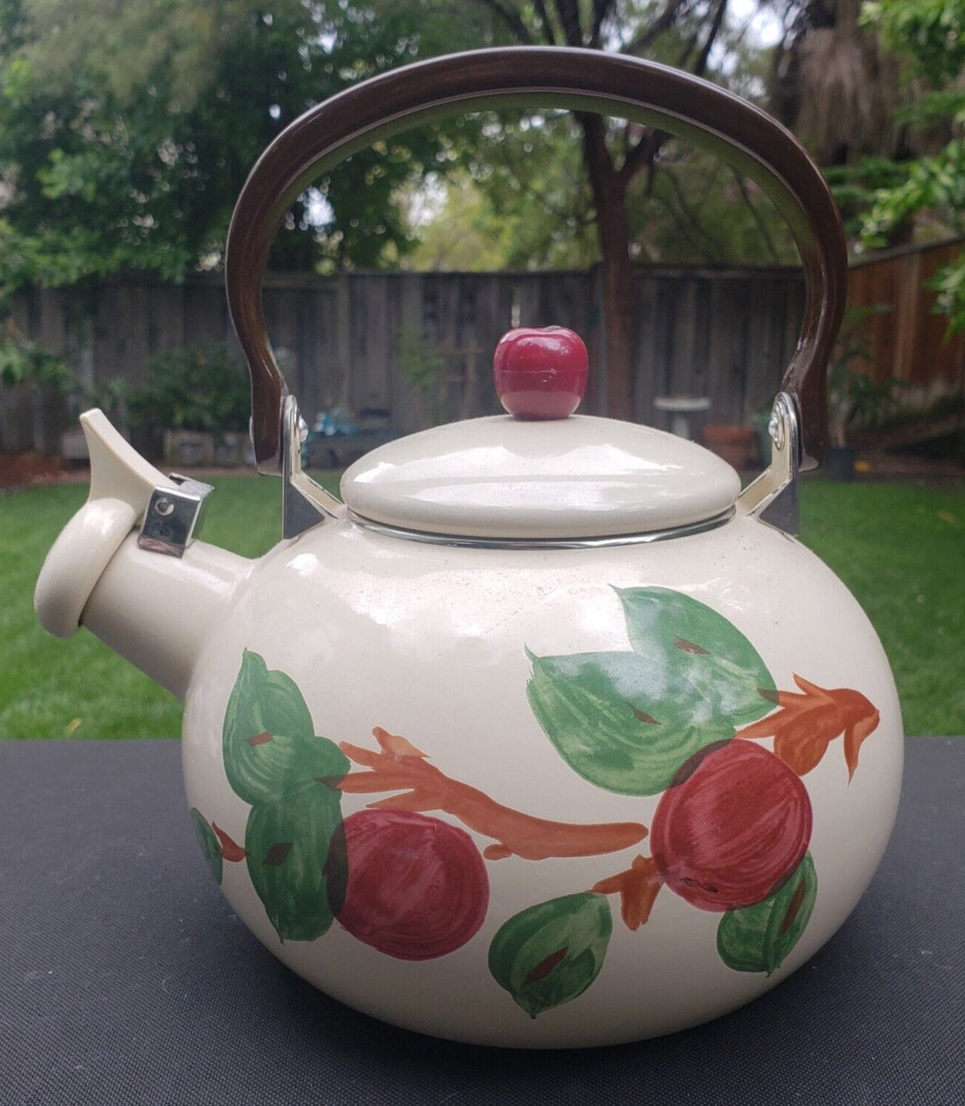 Rare Franciscan Apple Design Enamel Metal Top Handle Teapot Tea Pot ...