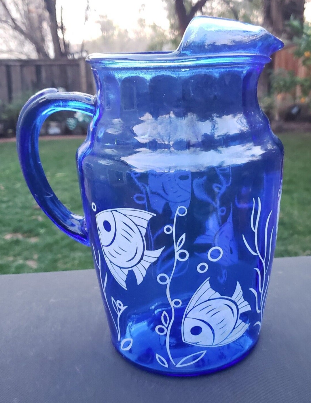 Rare Cobalt Blue Sportsman Series / White Angel Fish 86 Oz Pitcher With ...