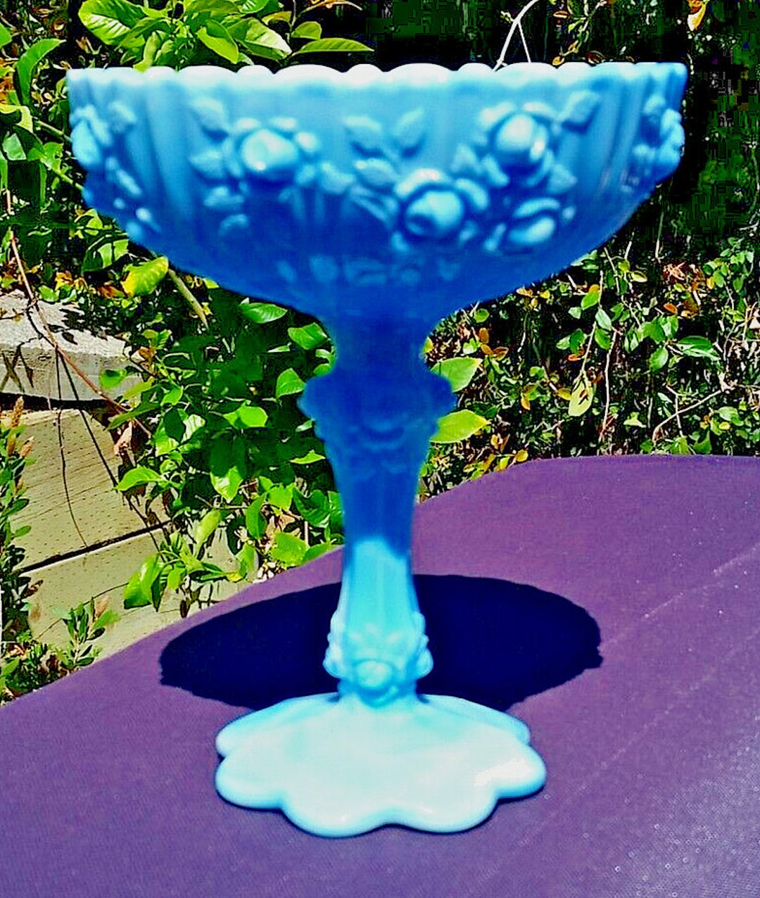 Vintage Fenton Cabbage Rose Blue Marble Slag Glass Candy Dish Pedestal ...