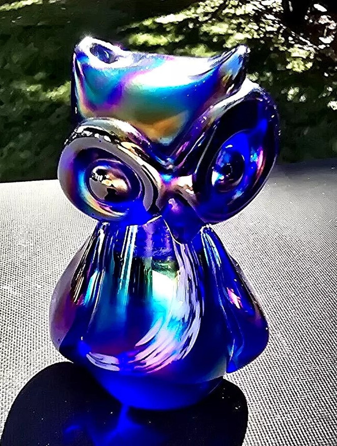 Vintage Rubin Glass Blue Iridescent Owl Art Glass Figurine 4" Painted ...