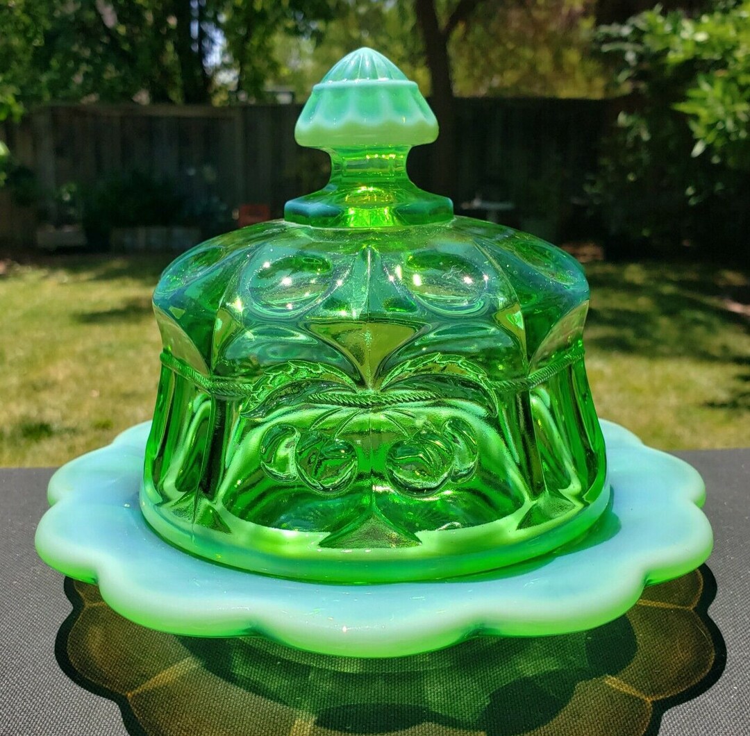 Green Opalescent Mosser Glass Cherry Thumbprint Butter Dish With Finial ...