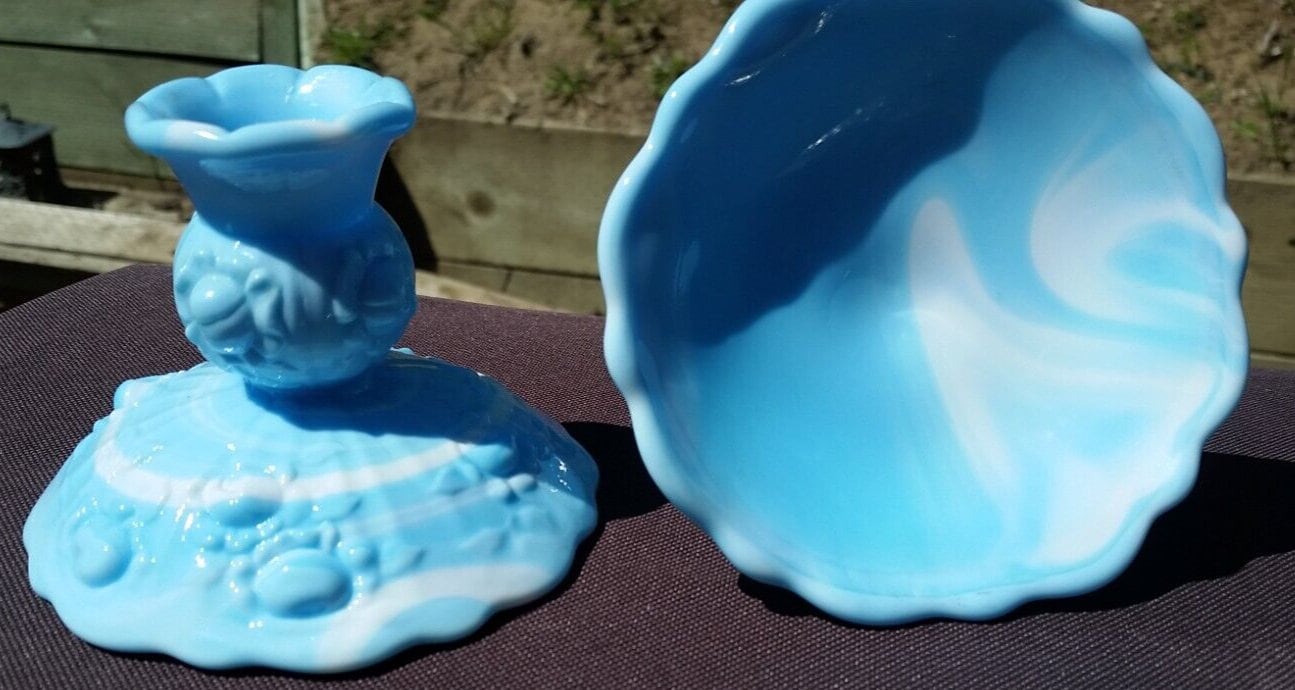 Vintage Fenton Cabbage Rose Blue Marble Slag Glass Candle - Etsy