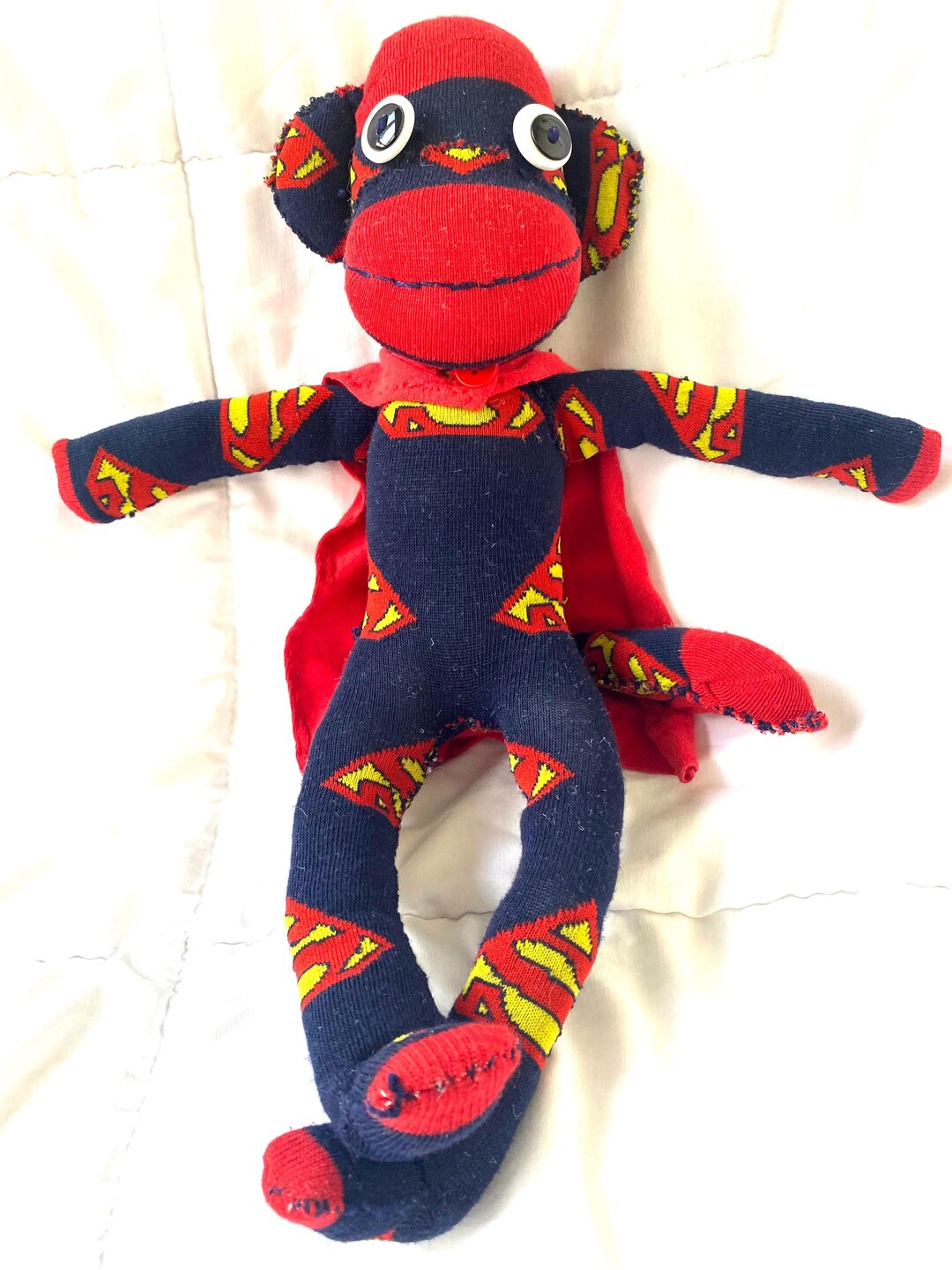 Super Hero Sock Monkey Doll, Hand Sewn, Button Eyes, Red Blue Yellow ...