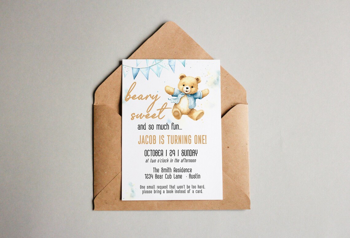 Beary Sweet First Birthday Invitation Bear Birthday Boy Editable ...