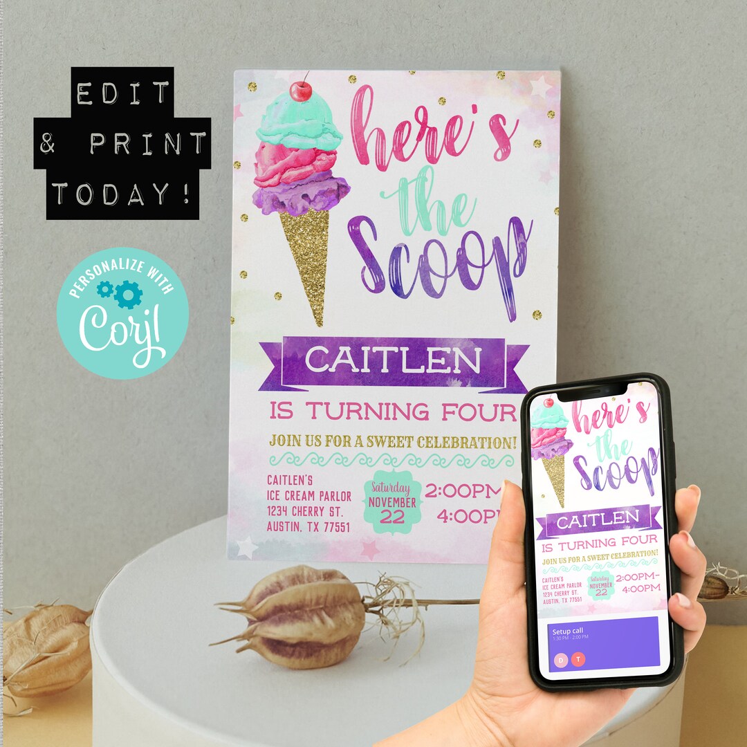 Here's the Scoop Ice Cream Social Birthday Invitation - Etsy
