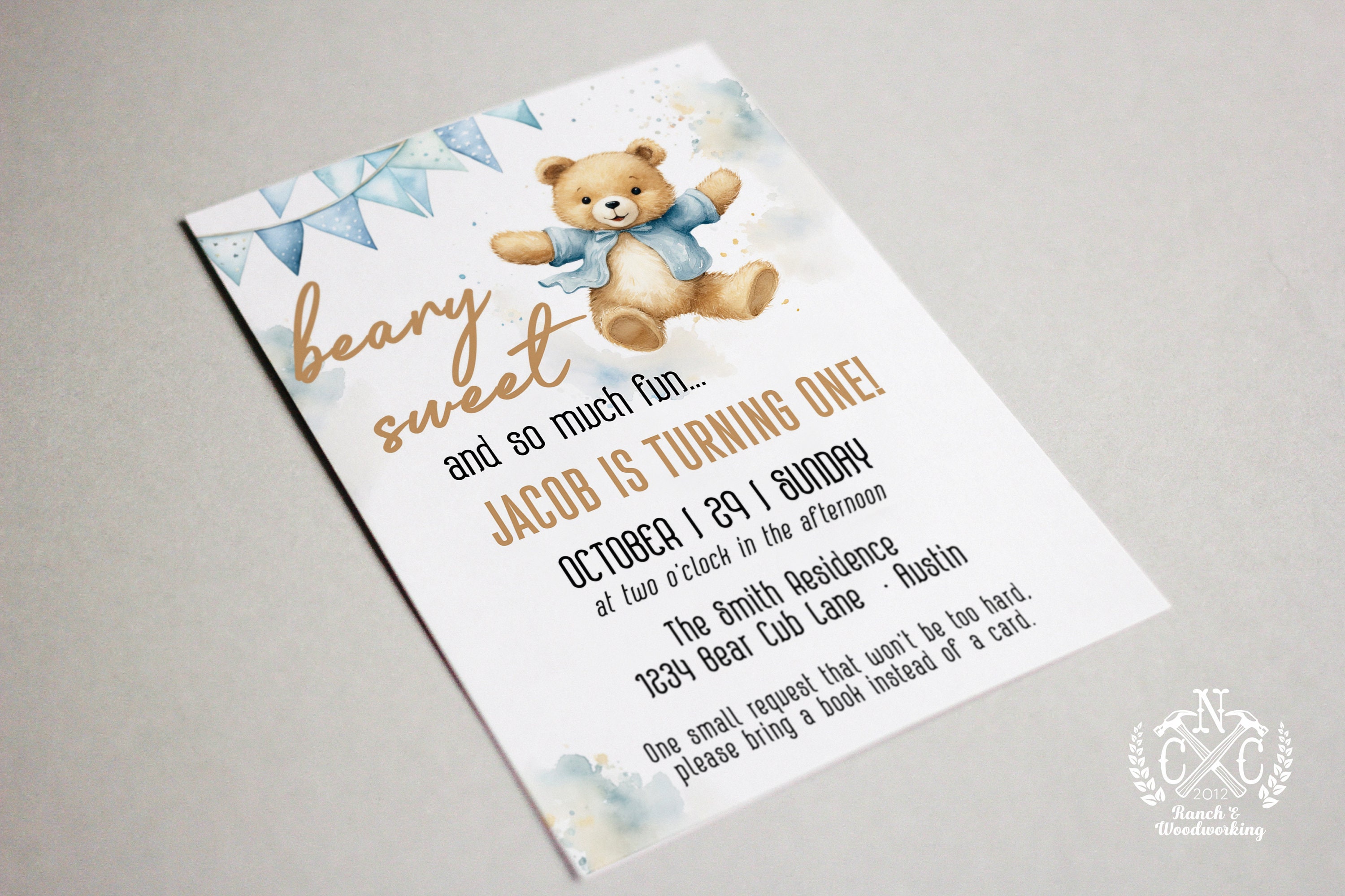 Beary Sweet First Birthday Invitation Bear Birthday Boy Editable ...