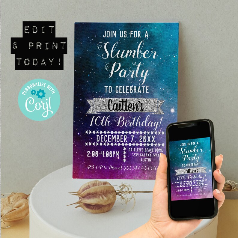 Galaxy Slumber Party Invitation Editable Galactic Sleepover DIY ...