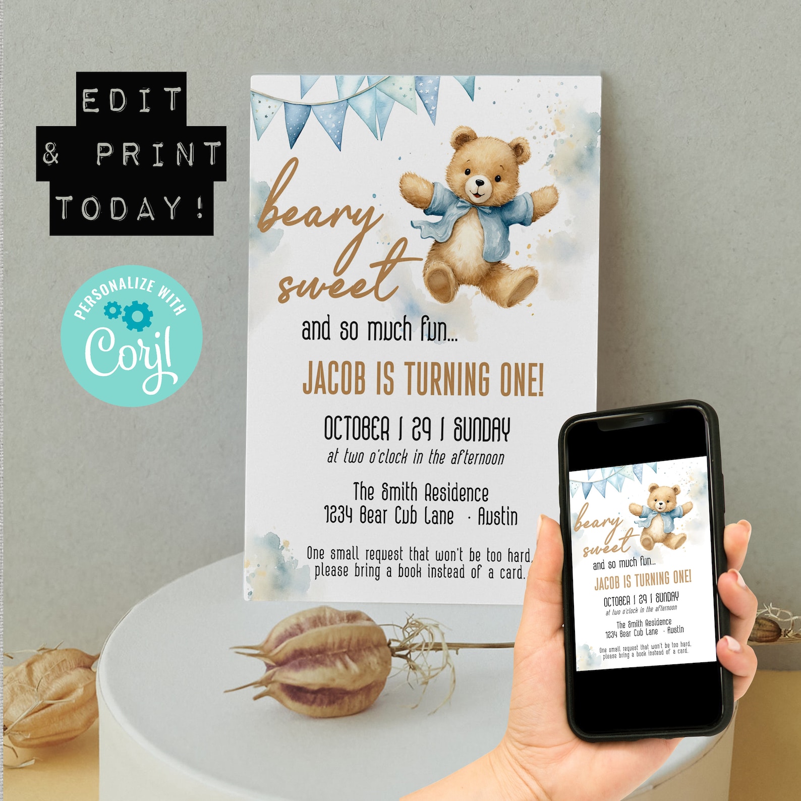 Beary Sweet First Birthday Invitation Bear Birthday Boy Editable ...
