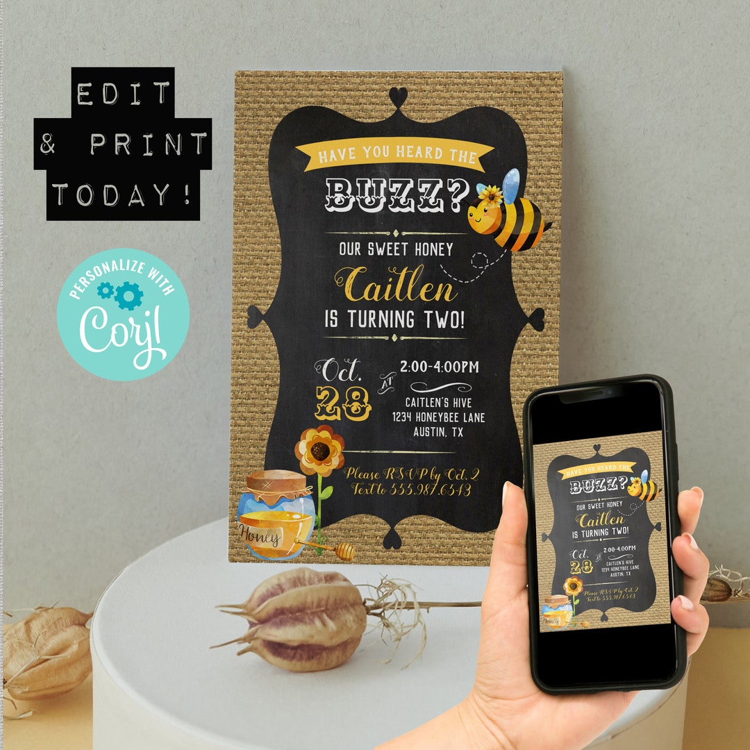 Bee Buzz Birthday Invitation Honeybee Honeycombs Party Editable Instant ...