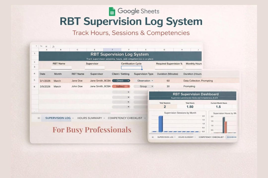 RBT Supervision Log & Hour Tracker | ABA Supervision Documentation ...