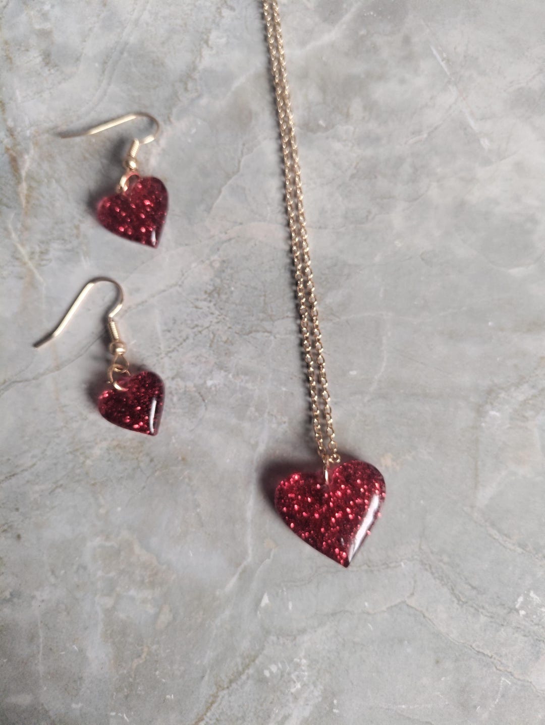 Simply Red- Glitter Epoxy Heart Jewelry Set - Etsy