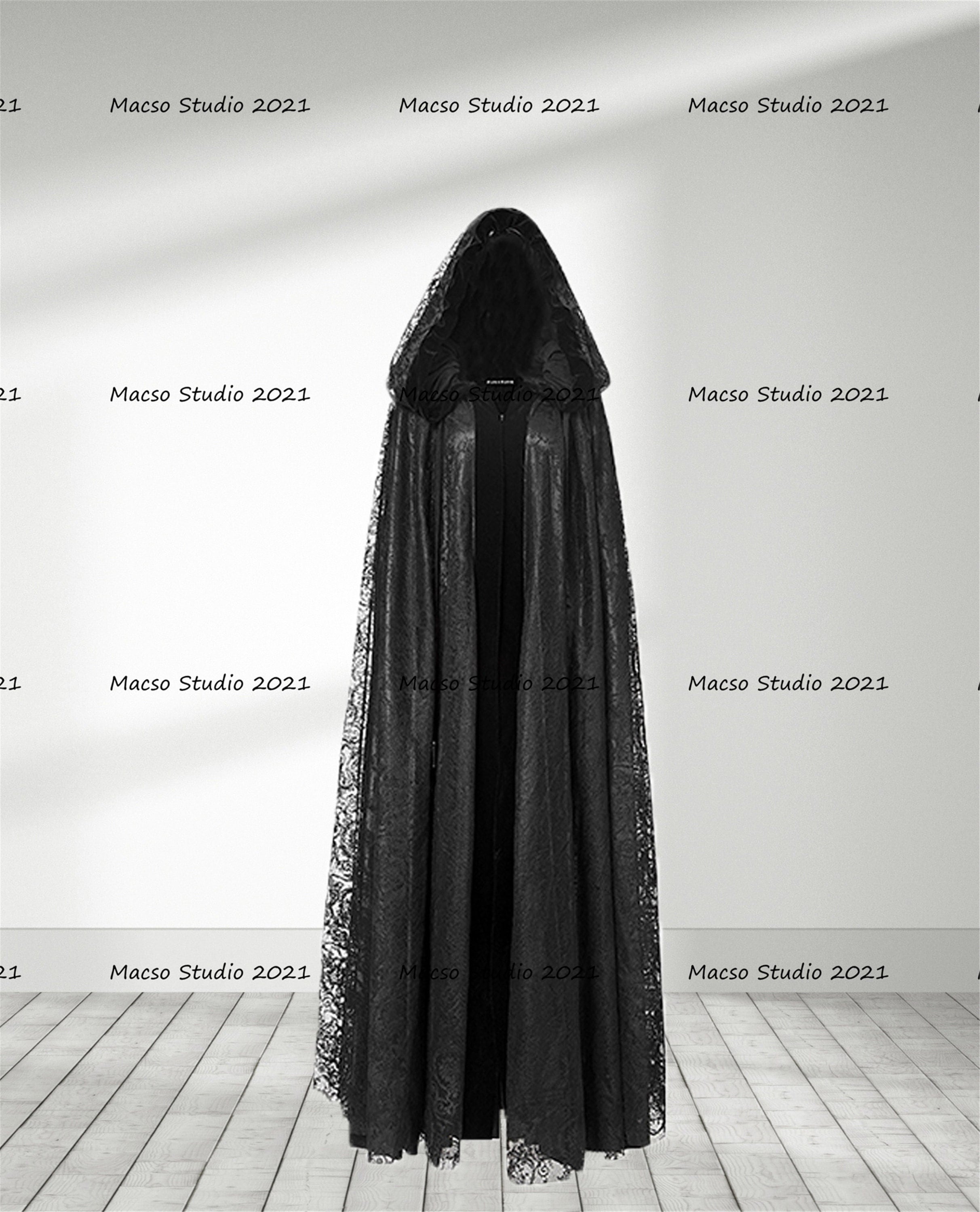Black Lace Cloak Punk Gothic Long Cloak Halloween Hooded Cloak Outdoor ...