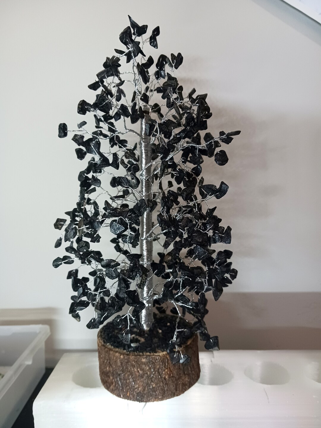 Large Black Tourmaline Gemstone Tree With Silver Colored Wire and Wood ...