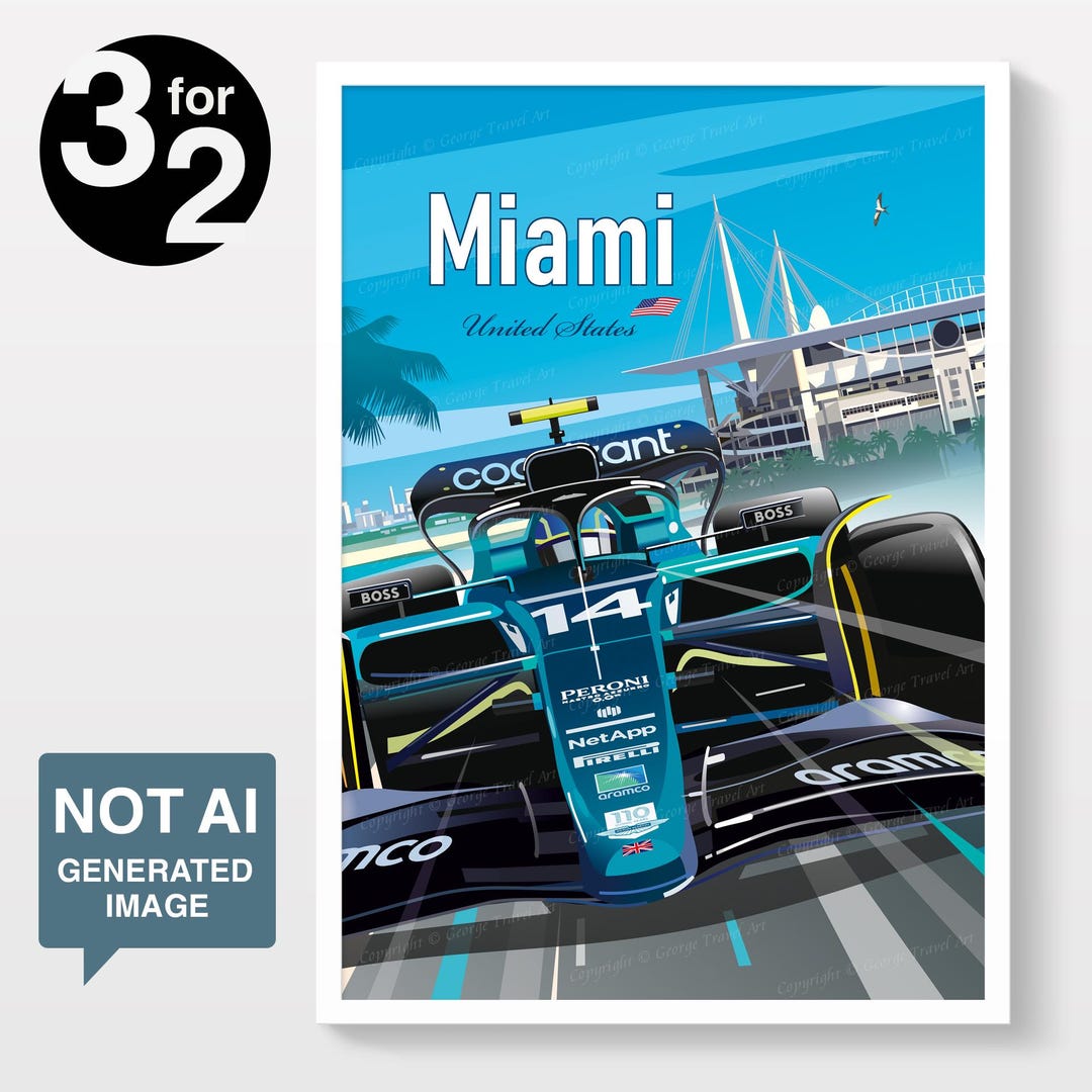 Miami F1 Poster / Aston Martin AMR23 F1 Art Print / Fernando Alonso ...