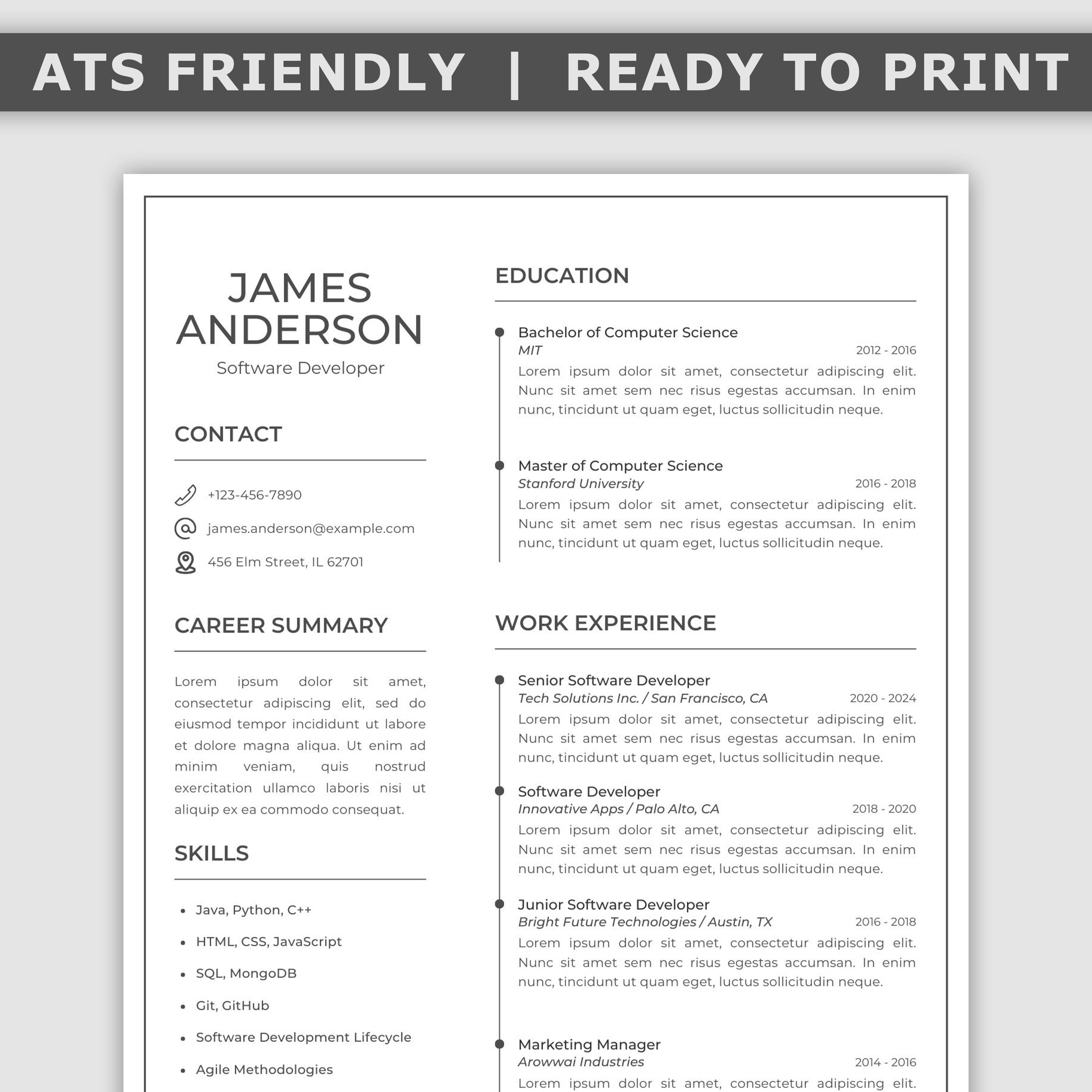 ATS Friendly Resume Template Word & Canva, Pages, ATS Resume, ATS Cv ...