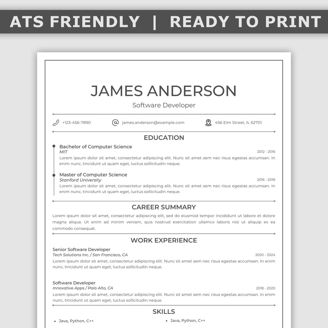 ATS Friendly Resume Template Word & Canva, Pages, ATS Resume, ATS Cv ...