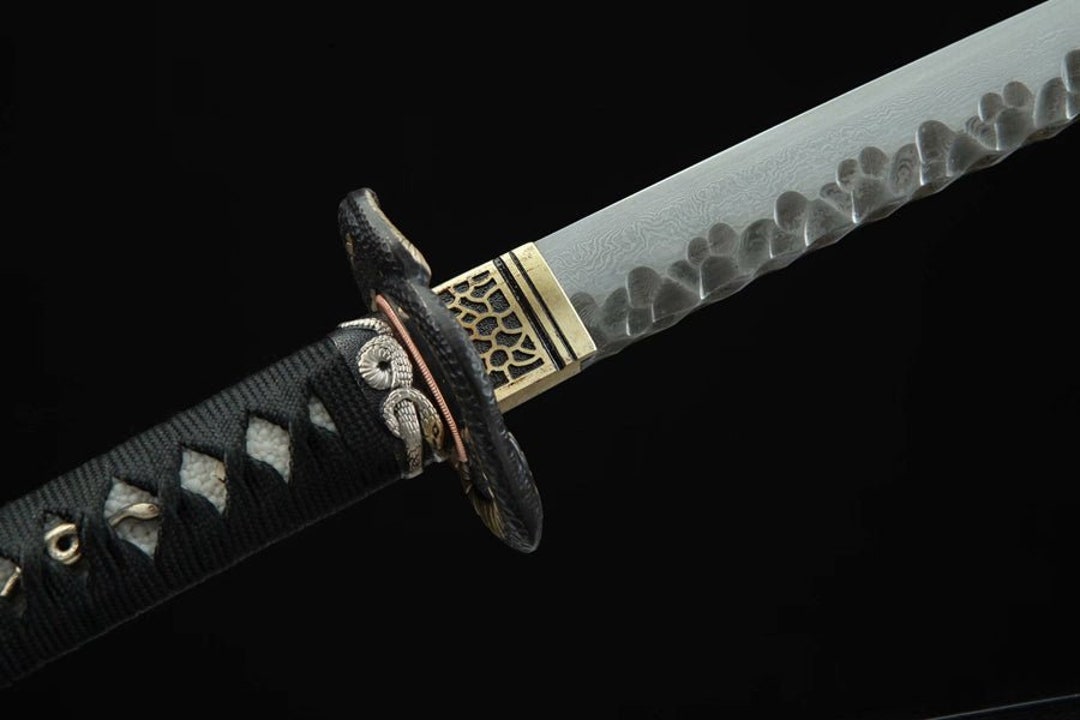 Katana Damascus Folded Hammer Pattern Steelblade Japanese Samurai Sword Tanshe Tsuba Ebony Wood ...