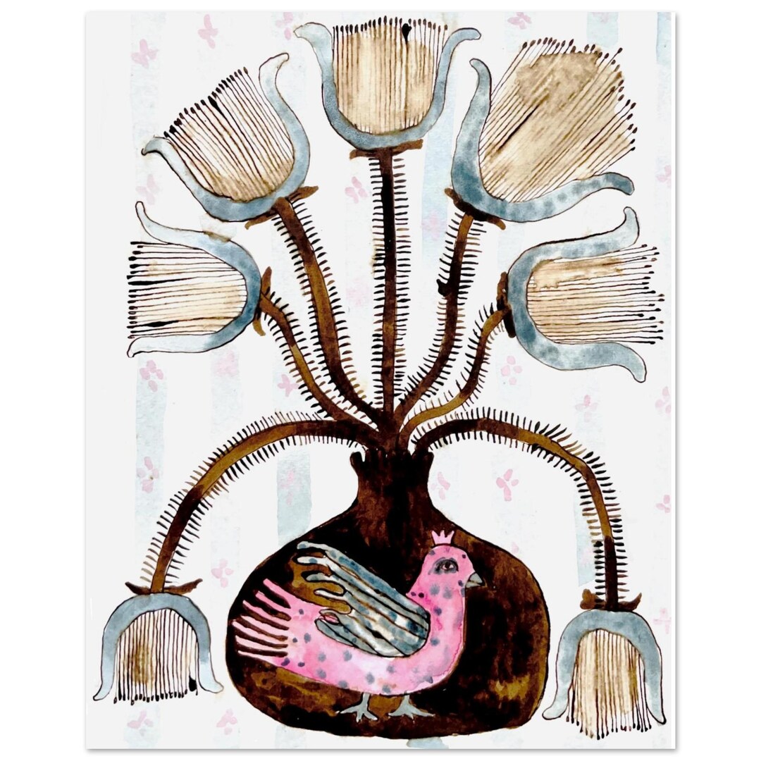 Vintage Folk Art Floral Vase Print With Pink Bird Scandinavian Wall Art ...