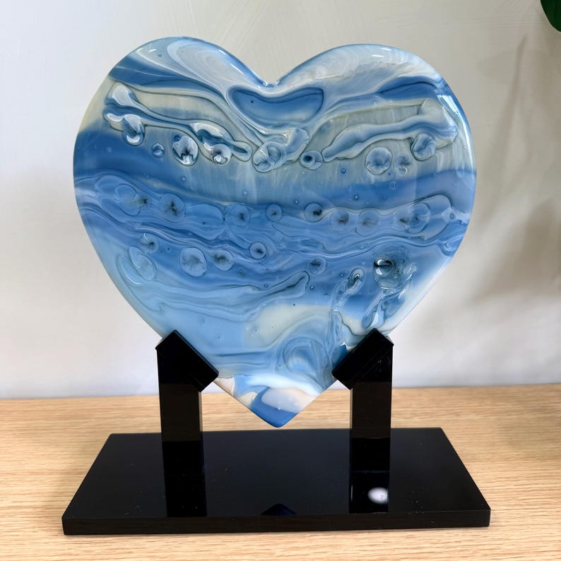 Handmade Blue Glass Heart Sculpture, Ocean Inspired Coastal Art, Soft ...