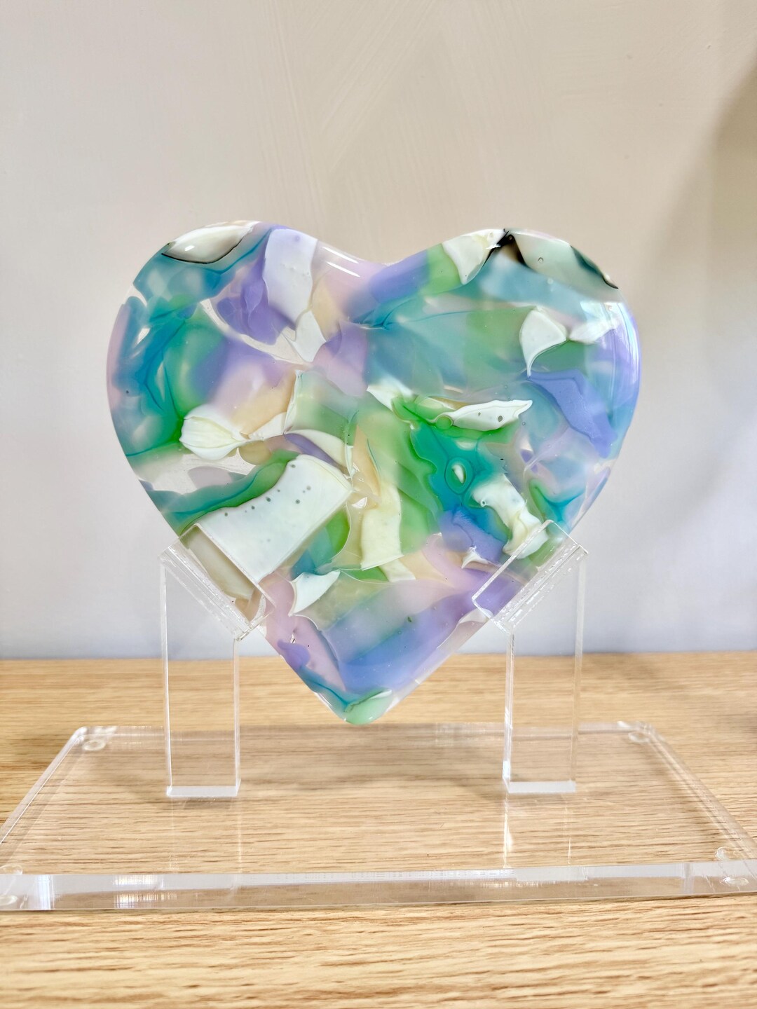 Glass Heart Sculpture, Pastel Decor, Rainbow Valentines Heart, Fused ...