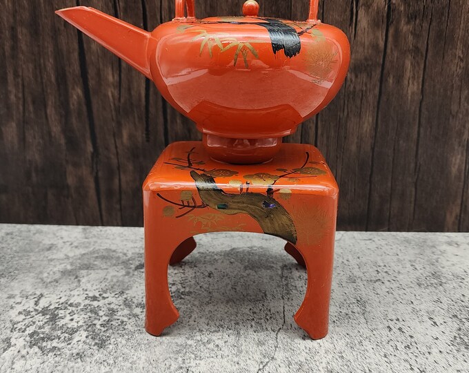 Japanese Lacquer Ware Sake Pot With Stand Red/orange Hand Painted - Etsy