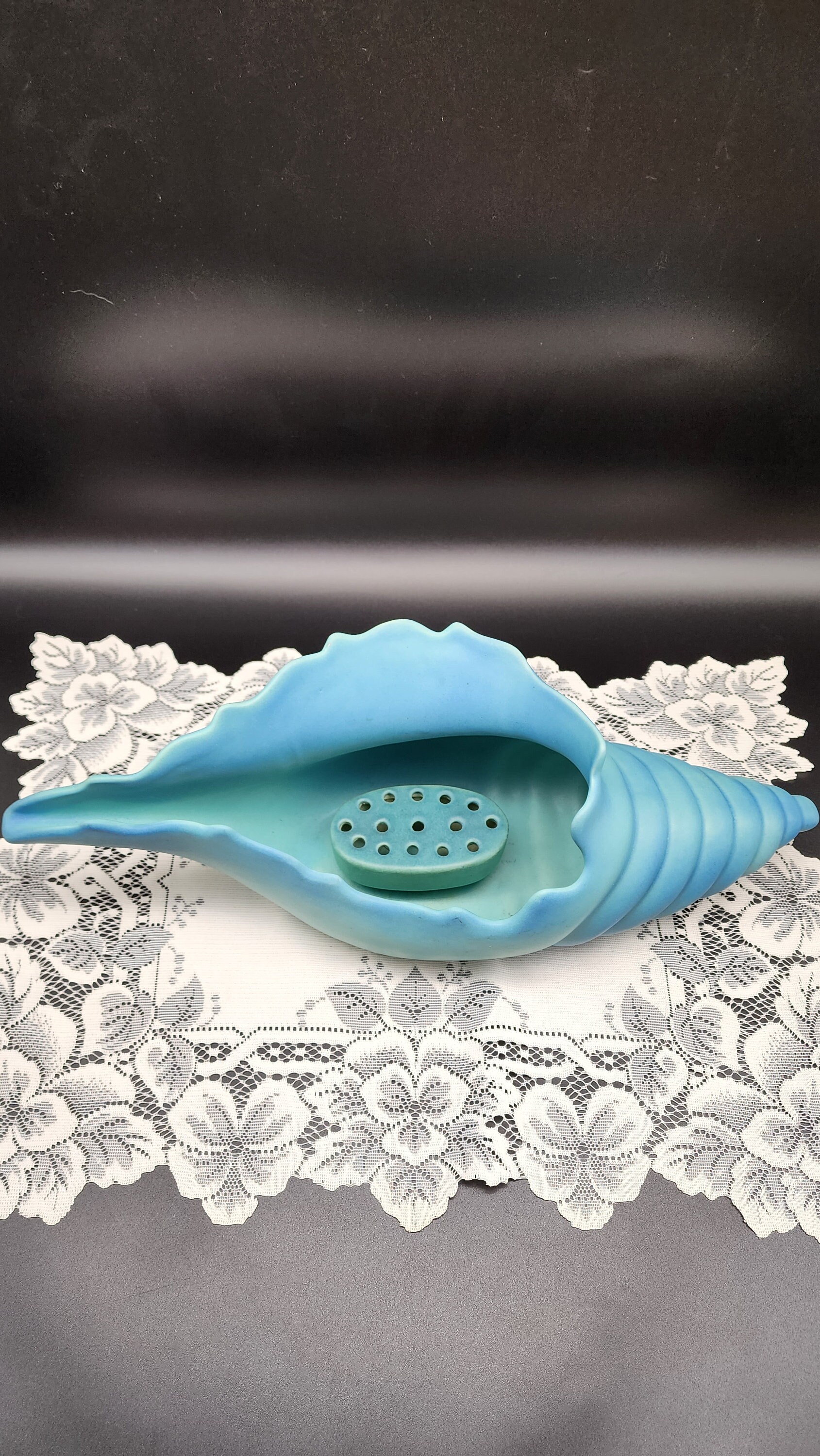 Van Briggle Conch Shell Vase/planterturquoise With Matching Flower Frog ...