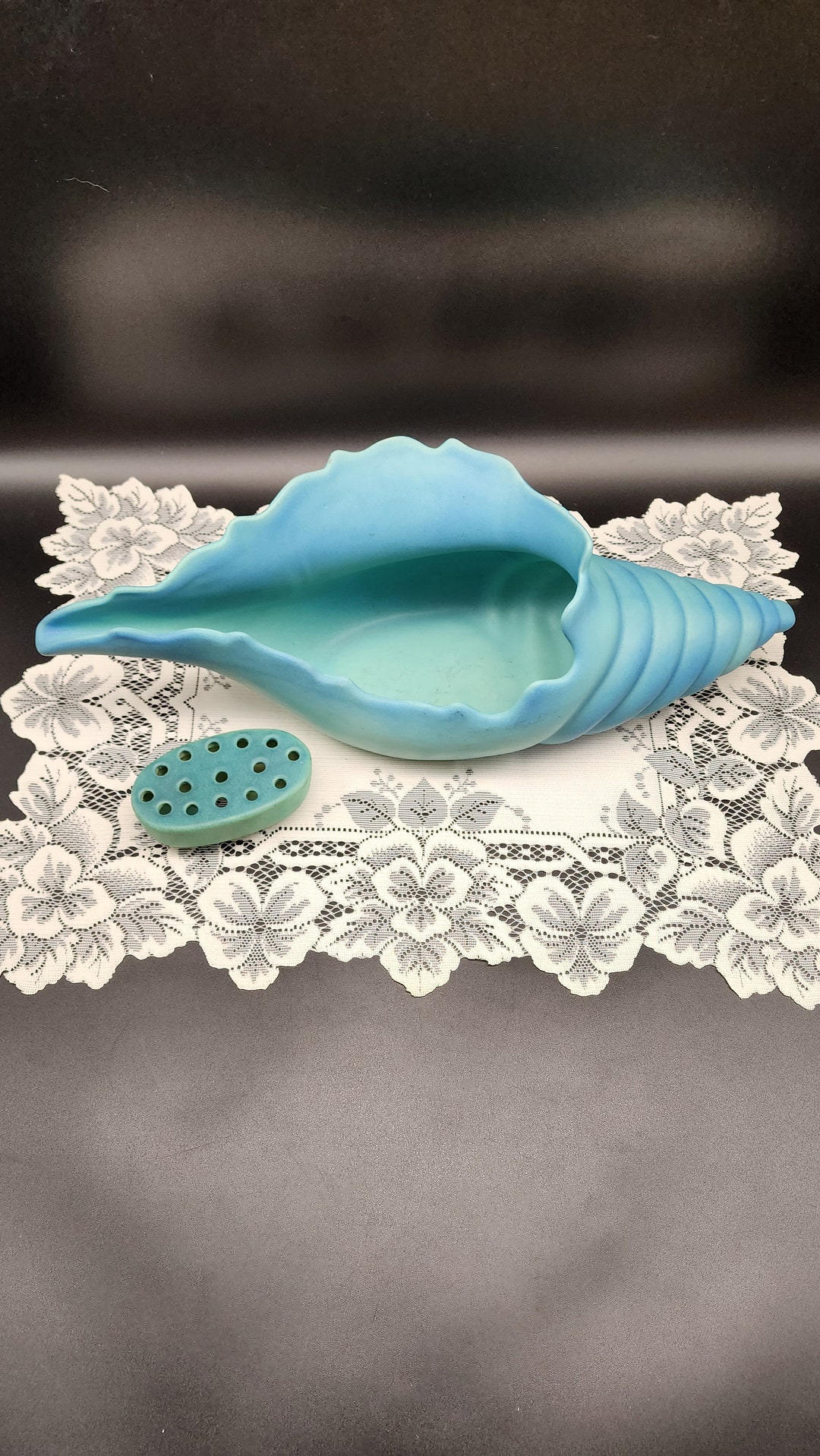 Van Briggle Conch Shell Vase/planterturquoise With Matching Flower Frog ...