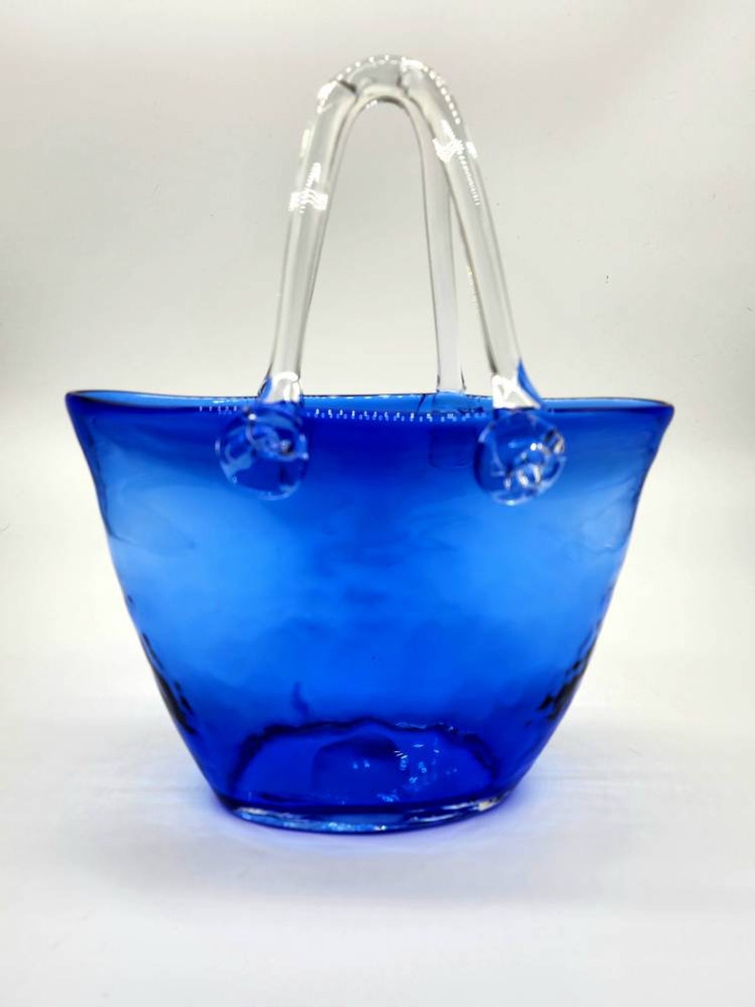 Hand Blown Cobalt Blue Art Glass Handbag Applied Clear Handles 10.5" - Etsy