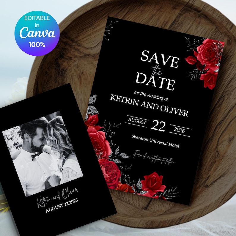 Elegant Red Roses & Silver Save the Date, Romantic Winter Wedding ...