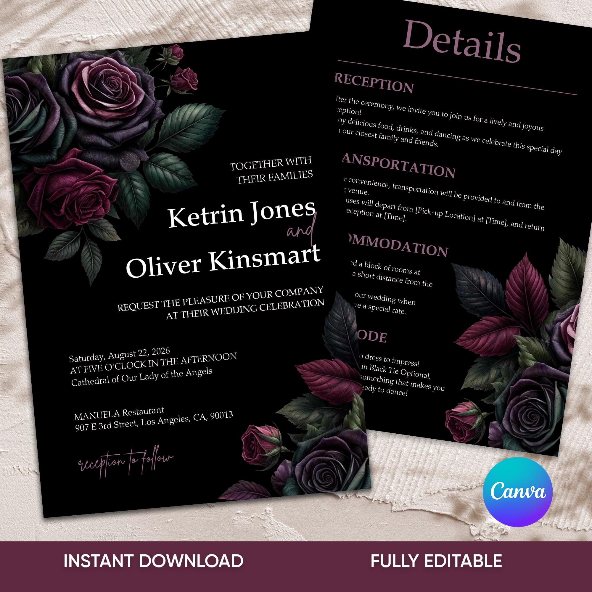 Moody Dark Gothic Floral Wedding Invitation Suit, Black Goth Wedding ...