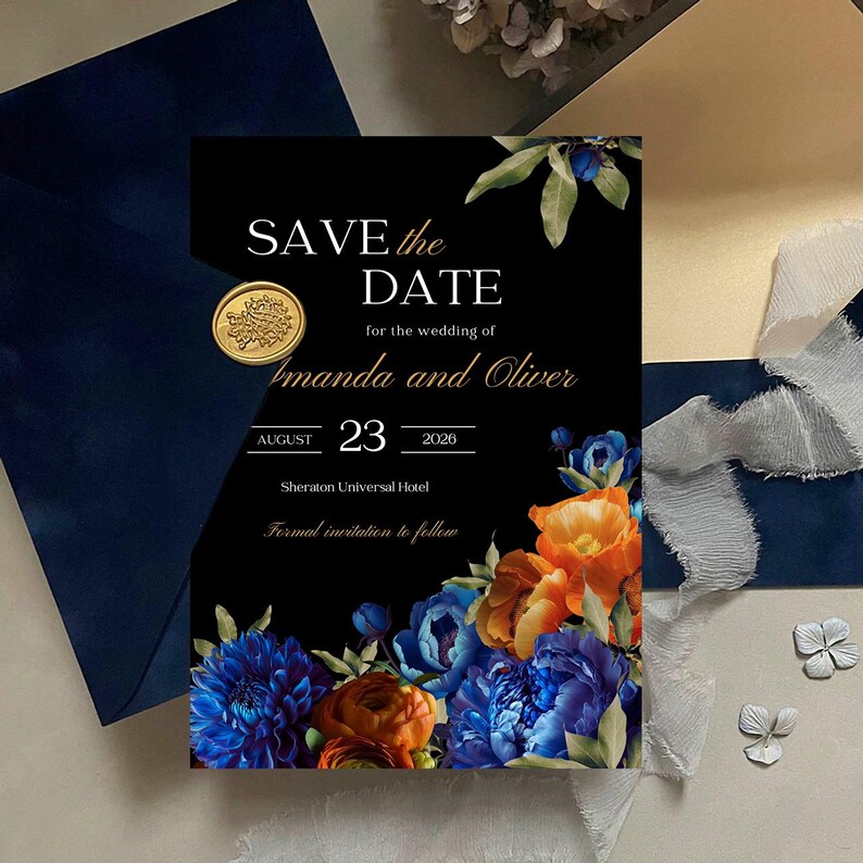 Royal Blue & Burnt Orange Wedding Invite, Moody Floral Wedding ...