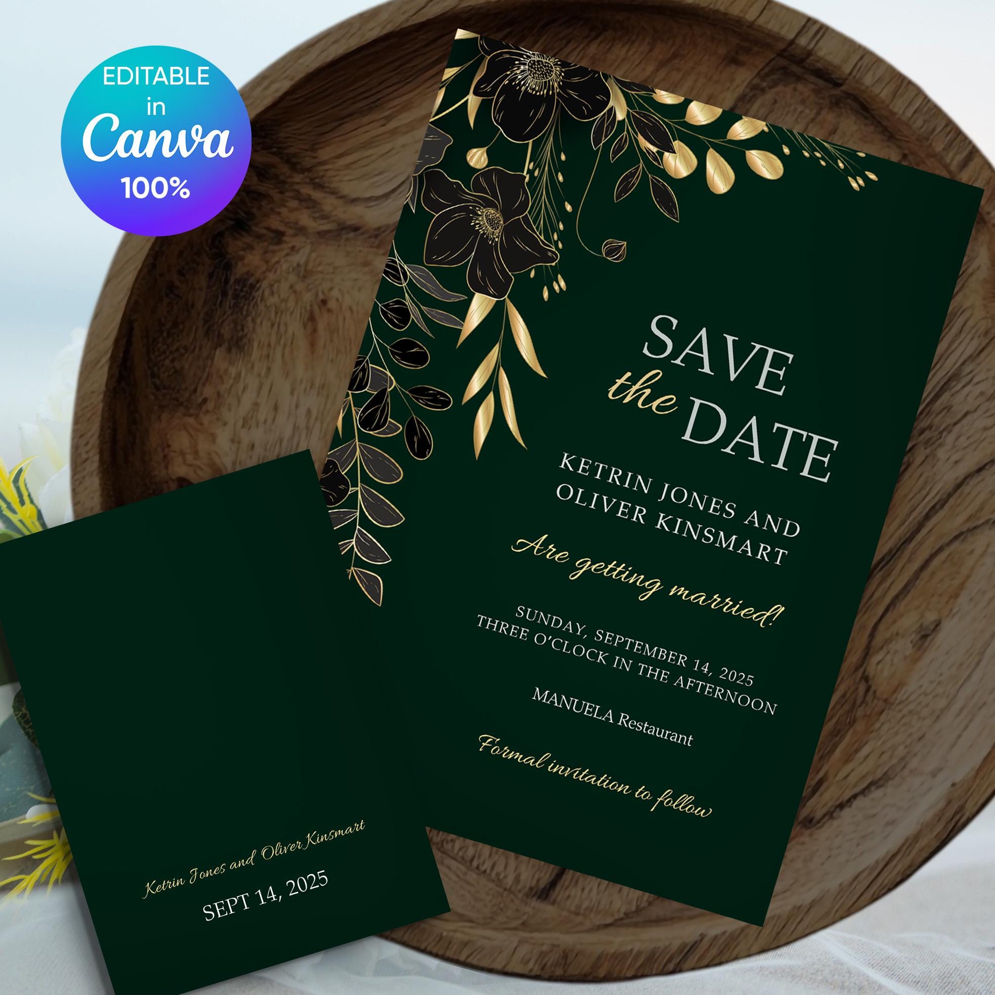Emerald Green & Gold Save the Date, Gold Foil Leaves Save the Date ...