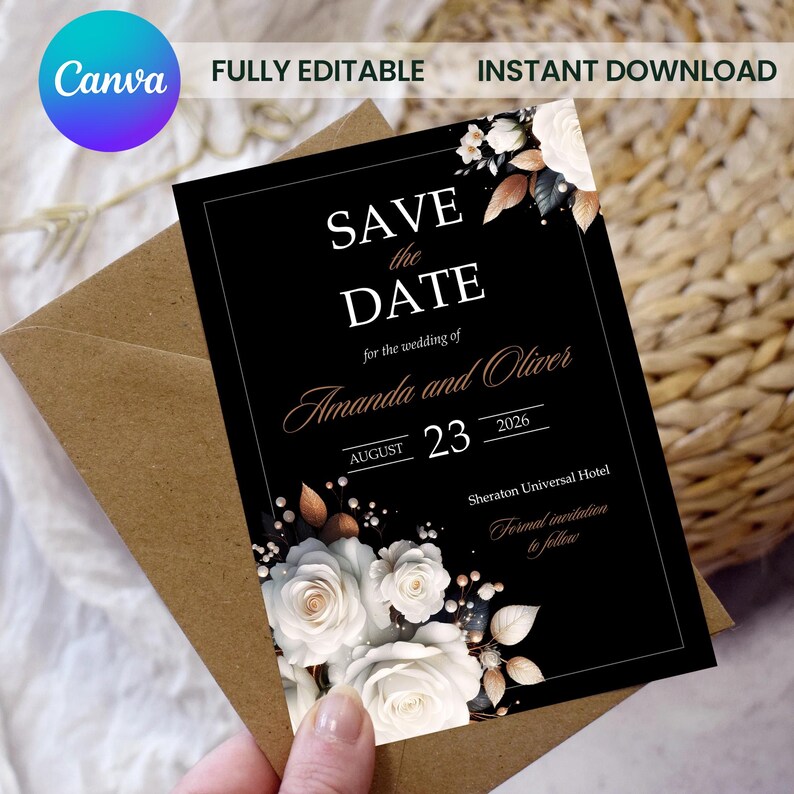 Black & White Floral Save the Date: Elegant Gothic Wedding (canva ...