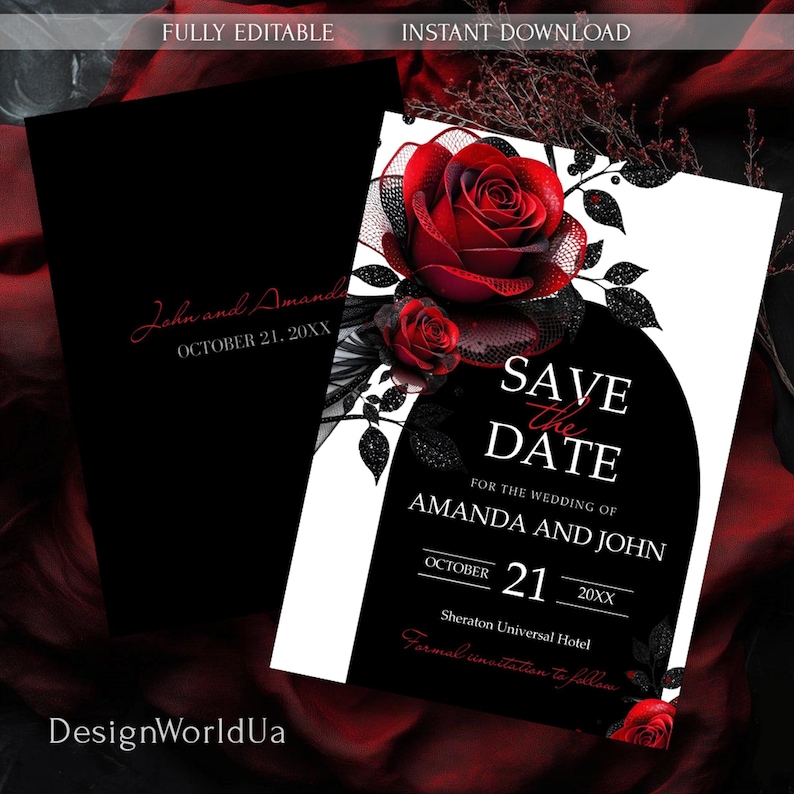 Red Black Gothic Save the Date Template, Elegant Black Red Floral ...