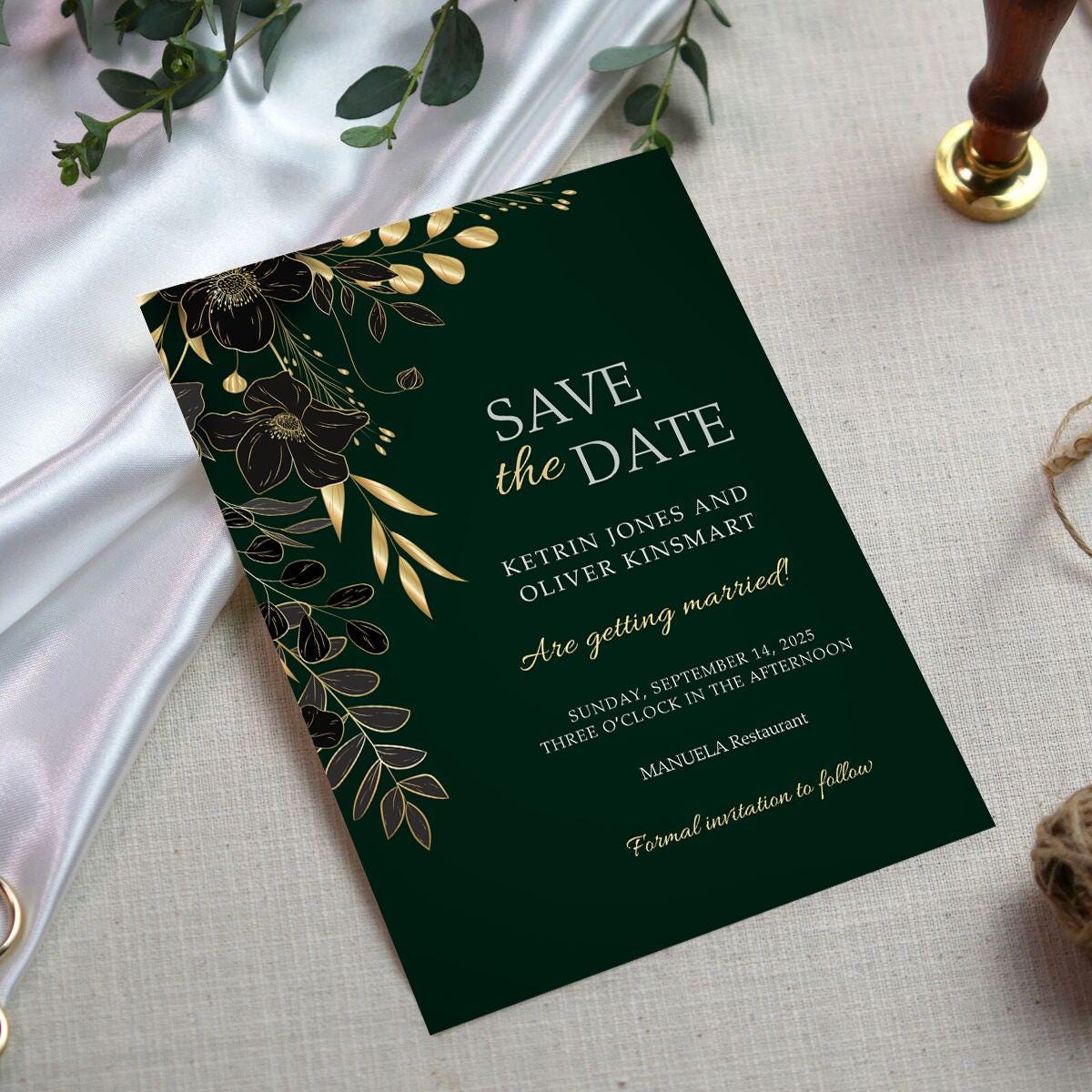 Emerald Green & Gold Save the Date, Gold Foil Leaves Save the Date ...