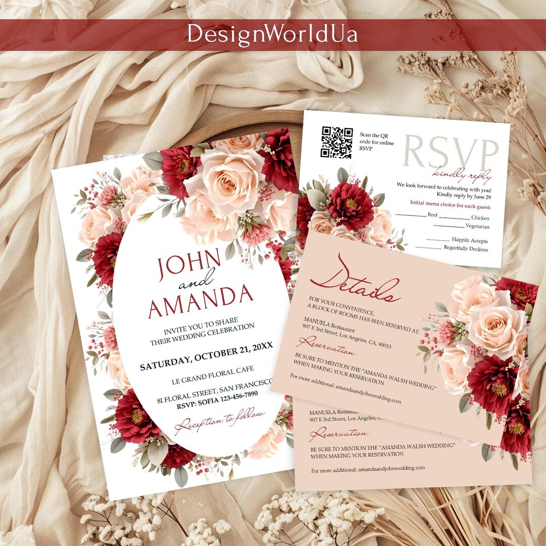 Burgundy Blush Wedding Invitation, Elegant Red and Cream Roses Wedding ...