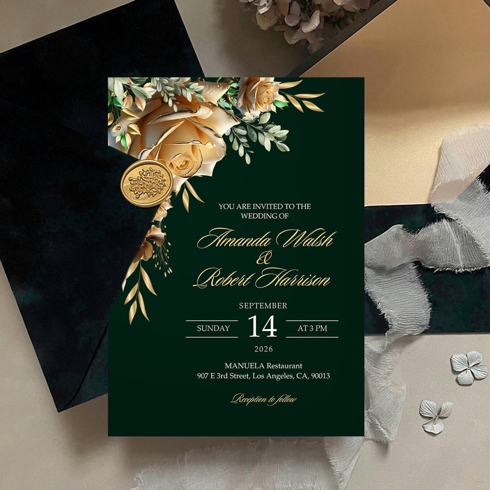 Emerald Green & Gold Wedding Invitation Set: Elegant Floral Design ...
