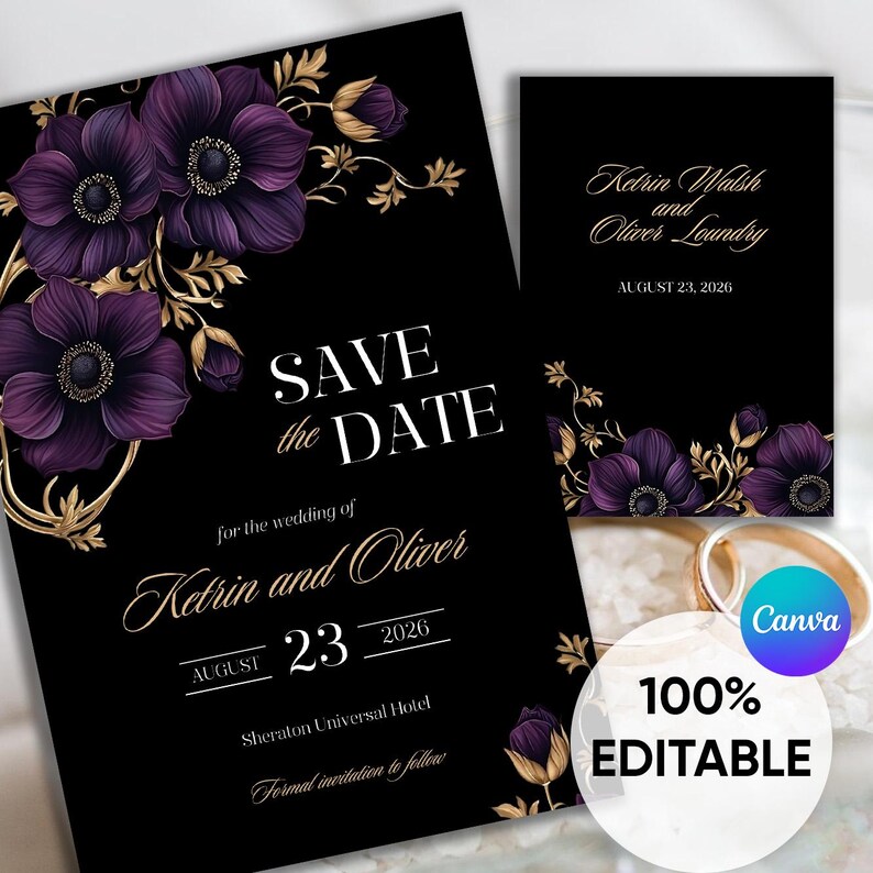 Purple and Gold Save the Date Moody Black, Dark Gothic Floral Wedding ...