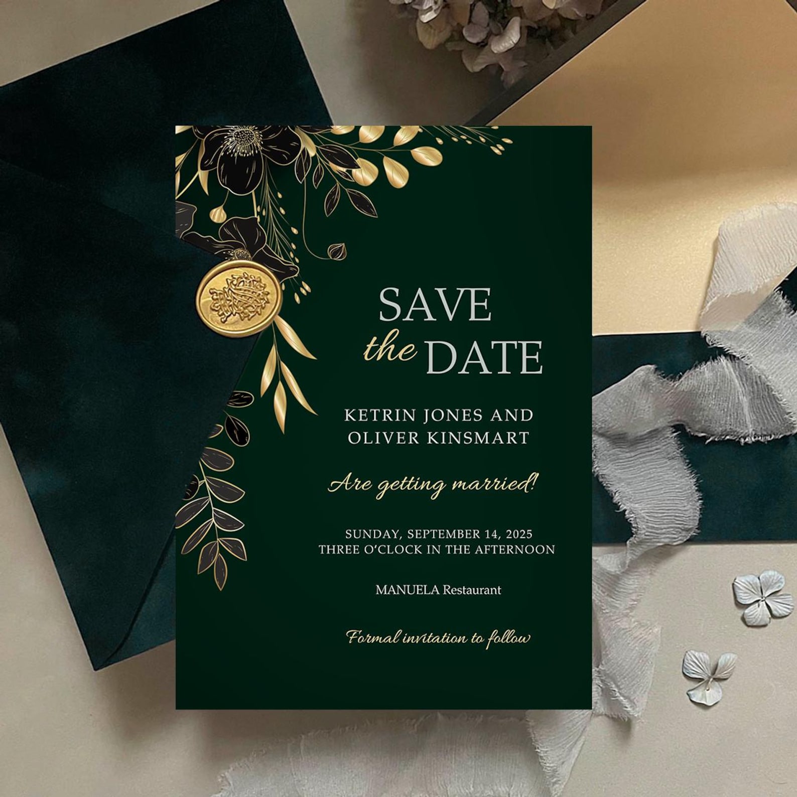 Emerald Green & Gold Save the Date, Gold Foil Leaves Save the Date ...