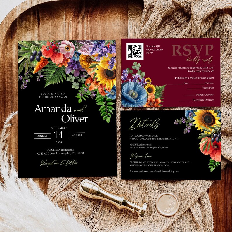 Black Wildflower Wedding Invitation Set: Boho Floral (editable Canva ...