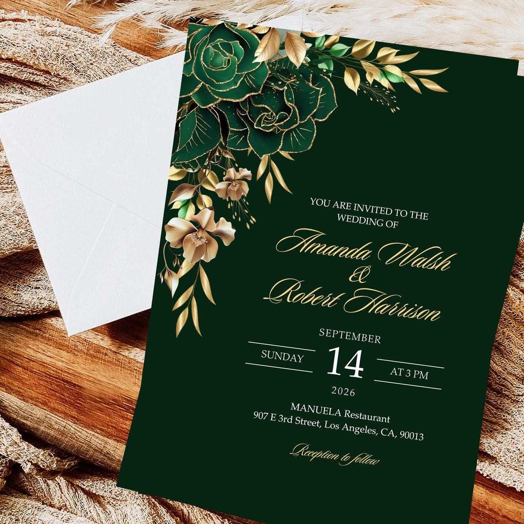 Luxury Gold Green Wedding Invitation, Emerald and Gold Invite, Elegant ...