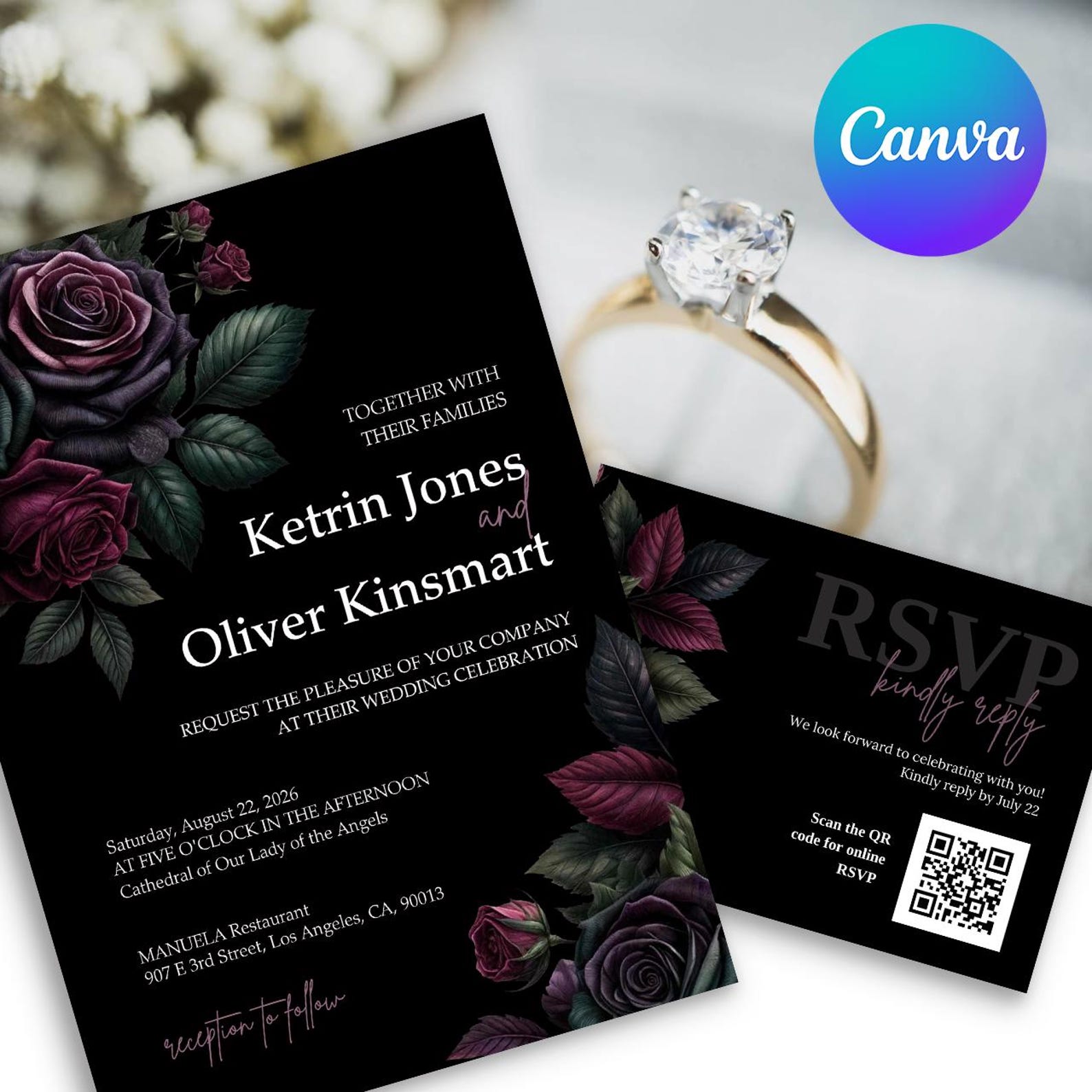 Moody Dark Gothic Floral Wedding Invitation Suit, Black Goth Wedding ...